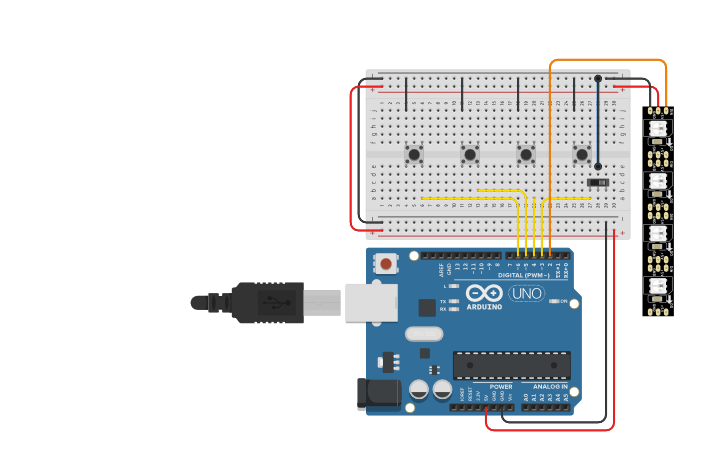 Circuit design Simon_P5.1_Combinaison NeoPixels Bouton Poussoir | Tinkercad