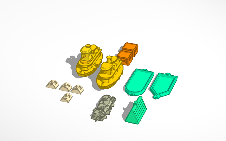 3D design TUGS Port Set: Ten Cents w/ Top Hat & barges - Tinkercad