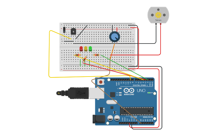 Circuit design motor com controlador e indicador led - Tinkercad
