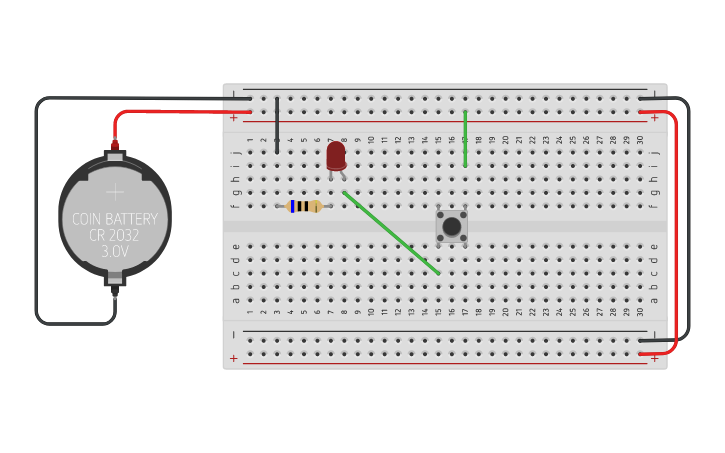Circuit design Knap, batteri og led øvelse | Tinkercad