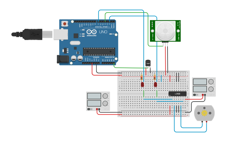 Circuit Design Motor Drive H Bridge Dengan Arduino Tempt Dan Pir Sensor Tinkercad 