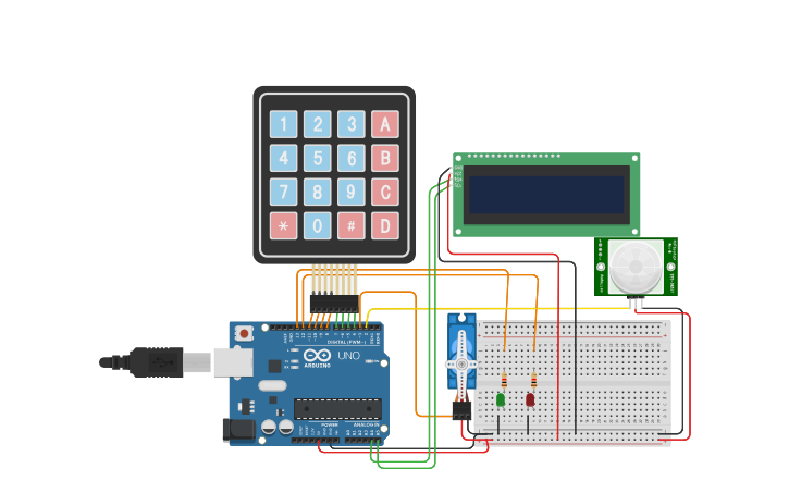Circuit design LCD I2C keypad servo pir clase 1 ejercicio2 - Tinkercad Circuit design LCD I2C keypad servo pir clase 1 ejercicio2 - Tinkercad
