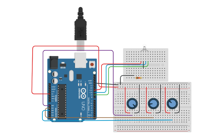 Circuit design Control De un Led RGB por PWM (con potenciómetro) - Tinkercad