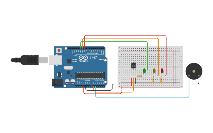 Circuit Design Tarea 2 Sensor De Temperatura Con 3 Leds Y Buzzer Tinkercad