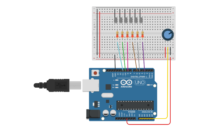 Circuit design potenciometro de 6 leds - Tinkercad