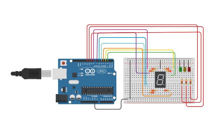 Circuit design Display de 7 Segmentos com Semáforo. - Tinkercad