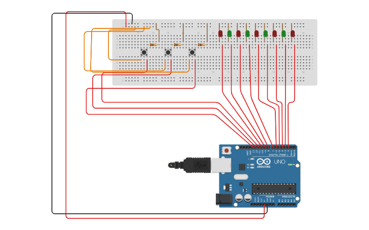 Circuit design 9 LEDS WITH 3 PUSH BUTTON SWITCHES - Tinkercad