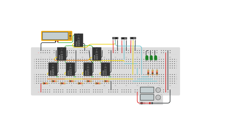 Circuit design D/A 3-bit Converter (relays) | Tinkercad