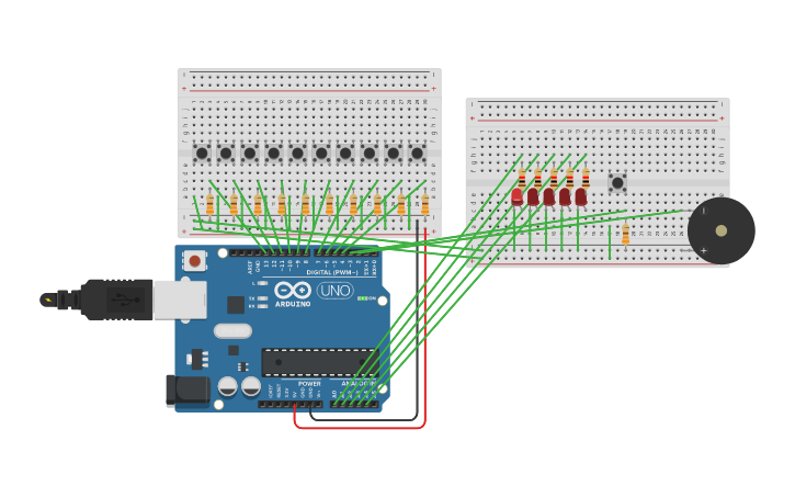 Circuit design quiz buzzer system - Tinkercad