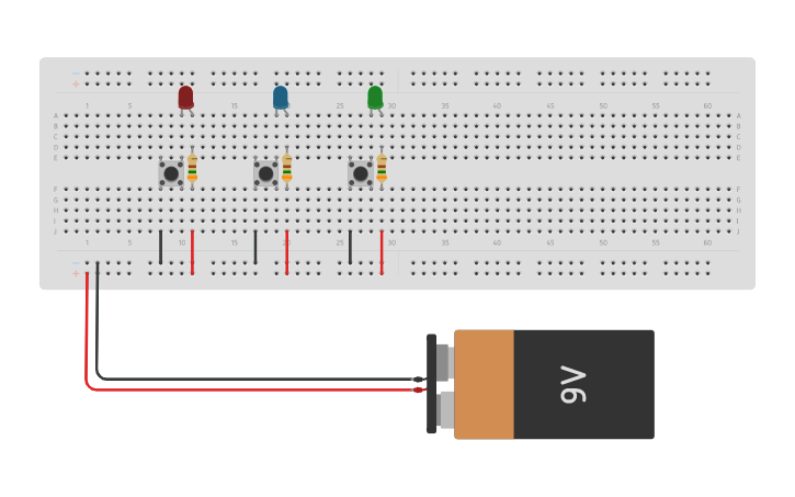 Circuit design 3Ainfo Matteo Morra accensione 3 led con pulsanti - Tinkercad
