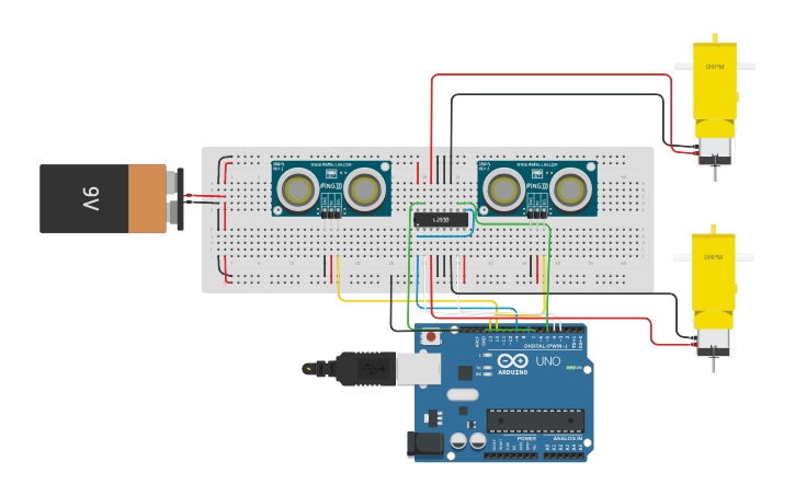 Circuit design ultrasonic sensor with motor driver - Tinkercad