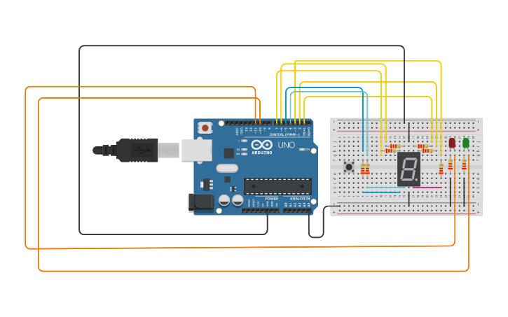 Circuit design DISPLAY A 7 SEGMENTI CON PULSANTE - Tinkercad