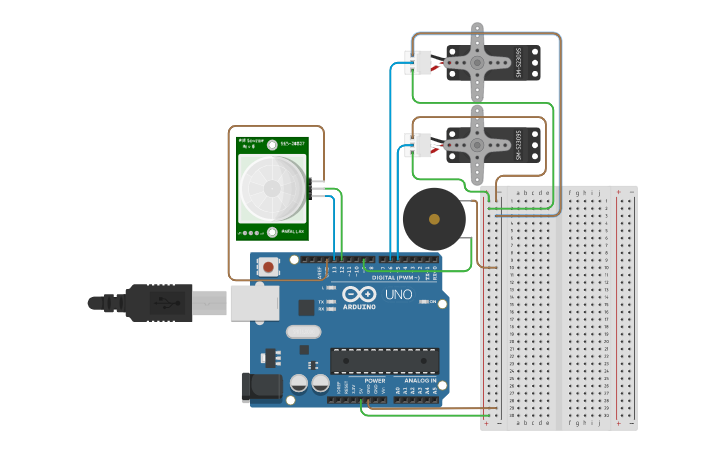 Circuit design servo buzzer pir | Tinkercad
