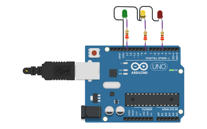 Circuit design Semáforo con Arduino - Tinkercad Circuit design Semáforo con Arduino - Tinkercad