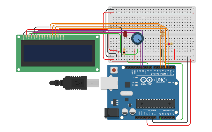 Circuit design LDR with LCD - Tinkercad