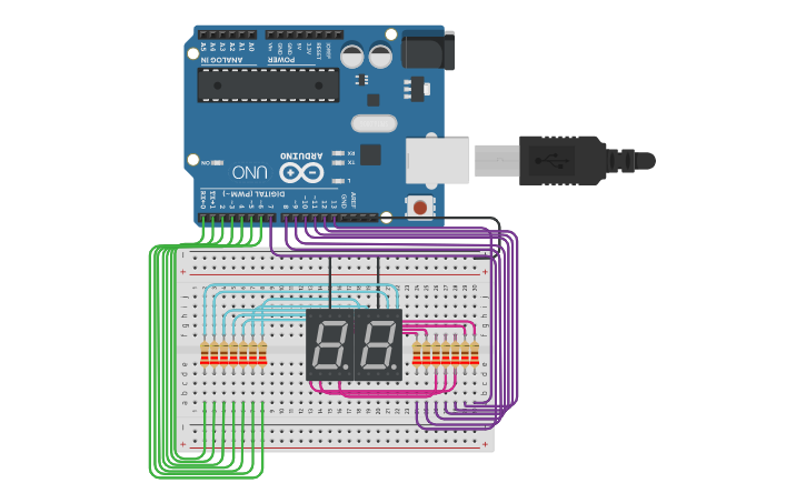 Circuit design Practica 02. Dos display de 7 segmentos - Tinkercad
