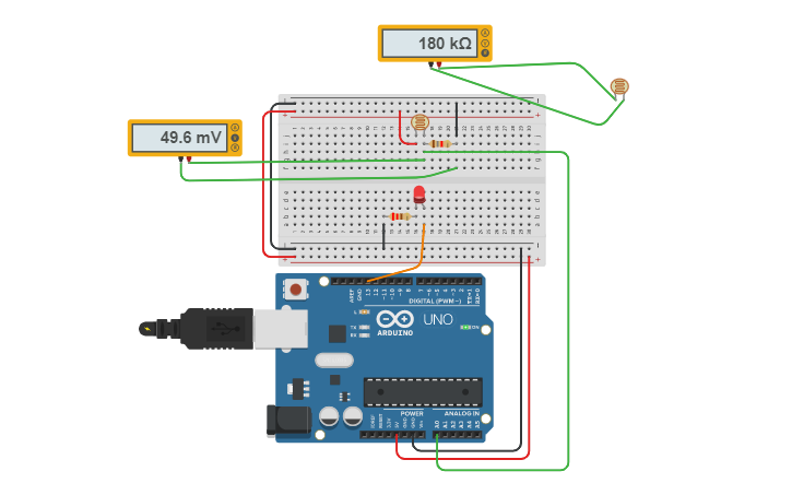 Circuit design Ej.9: Sensor de luz con LDR - Tinkercad