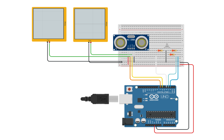 Circuit design Ultraschallsensor mit Abstandsanzeige | Tinkercad