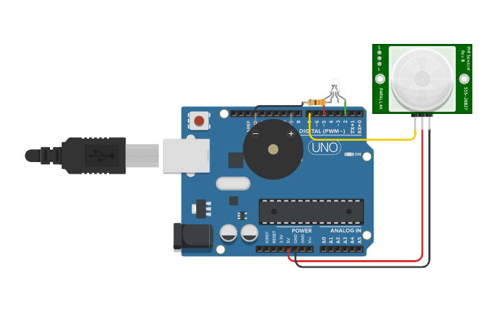 Circuit design Burgler alarm using PIR sensor | Tinkercad
