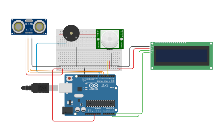 Circuit design ultrasonic and ir sensor with lcd display - Tinkercad