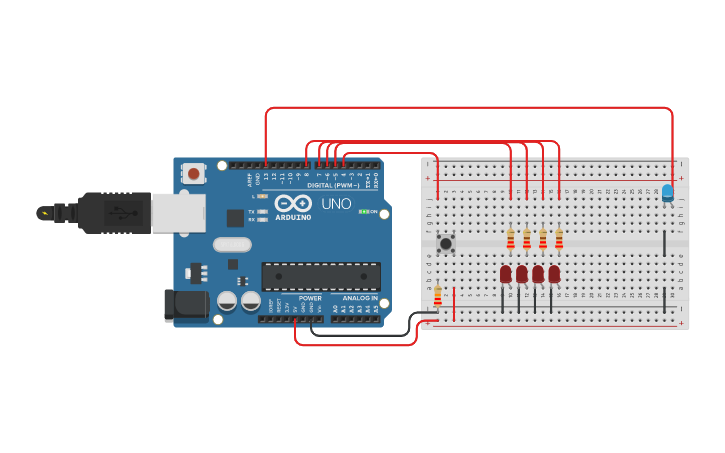 Circuit design SECUENCIA DE LEDS CON PULSADOR - Tinkercad Circuit design SECUENCIA DE LEDS CON PULSADOR - Tinkercad