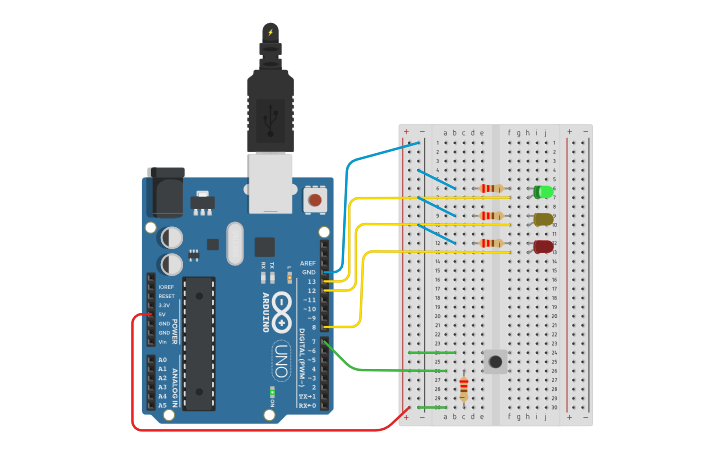 Circuit design Práctica 18 Semáforo con botón peatonal - Tinkercad