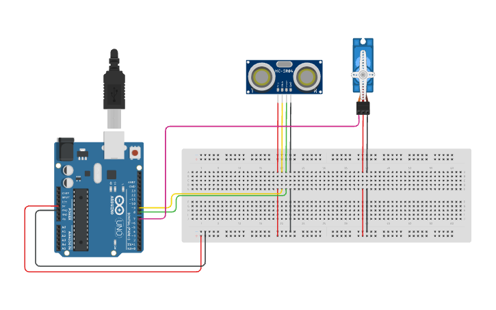 Circuit design Ultrasonic+Servo - Tinkercad