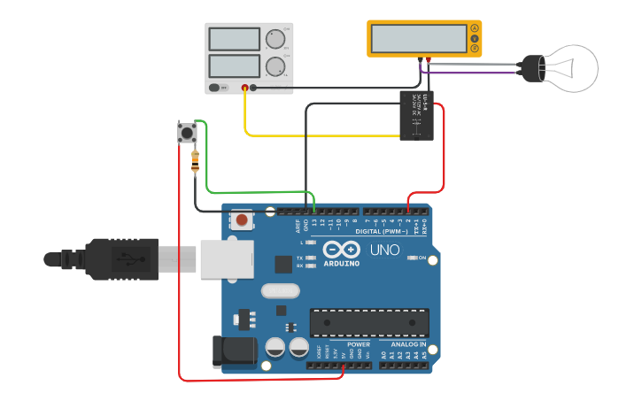 Circuit design Ativar rele via arduino - botão - Tinkercad