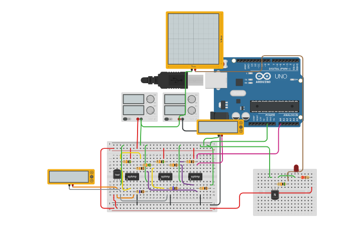 Circuit design Temp sens + Sign Cond + PWM Led ind - Tinkercad