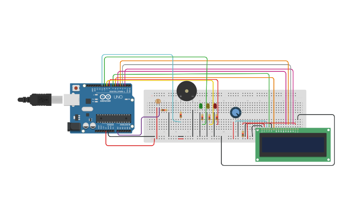 Circuit design RANGKAIAN LDR LED BUZZER LCD - Tinkercad