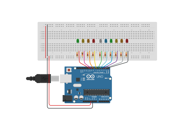 Circuit design Encender y Apagar 10 LEDS | Tinkercad Circuit design Encender y Apagar 10 LEDS | Tinkercad