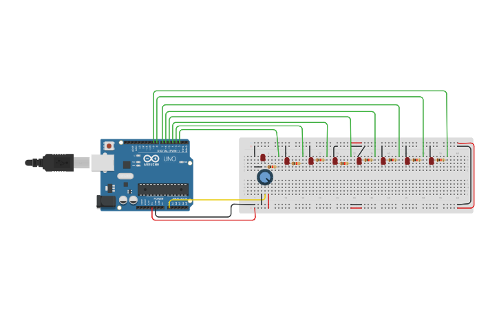Circuit design encendido de leds por el potenciometro | Tinkercad