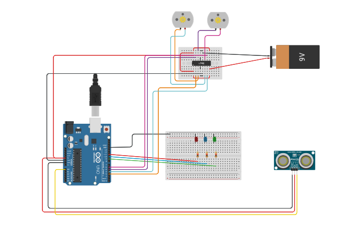 Circuit design AP6 - 3 pin ultrasonic LED and motor interface | Tinkercad Circuit design AP6 - 3 pin ultrasonic LED and motor interface | Tinkercad