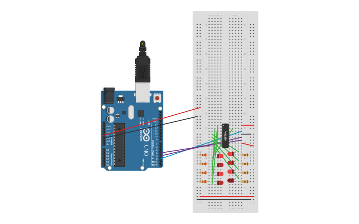 Circuit design Shift Resistor with 8 LEDs - Tinkercad