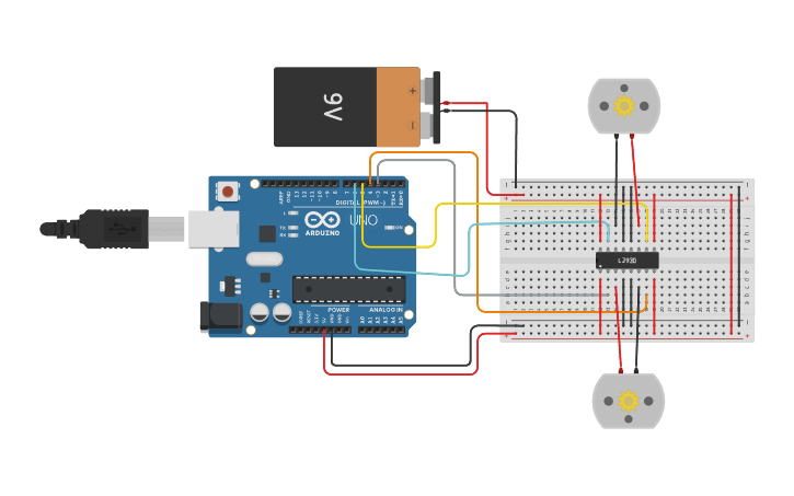 Circuit design To control two motors using a motor driver - Tinkercad