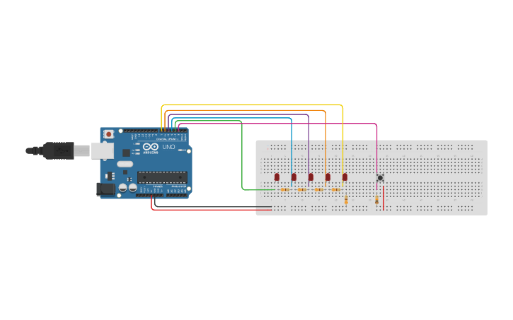 Circuit design matrice 5 led con pulsante - Tinkercad