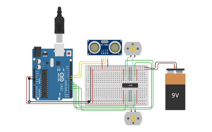 Circuit design Obstacle Avoider using Ultrasonic Sensor - Tinkercad
