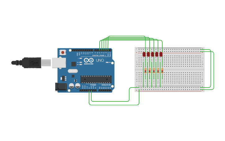 Circuit design Controlling LEDs in increasing order - Tinkercad