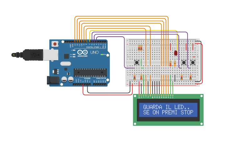 Circuit design Automa Prova Riflessi - Arduino Uno - Tinkercad