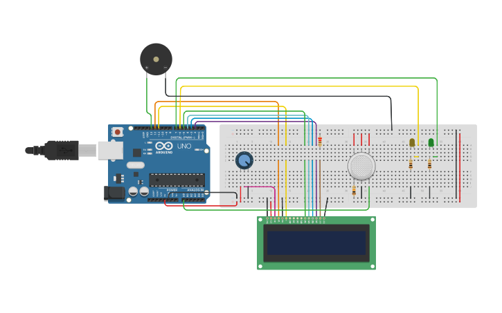 Circuit design Copy of Gas Sensor with led and lcd Display - Tinkercad