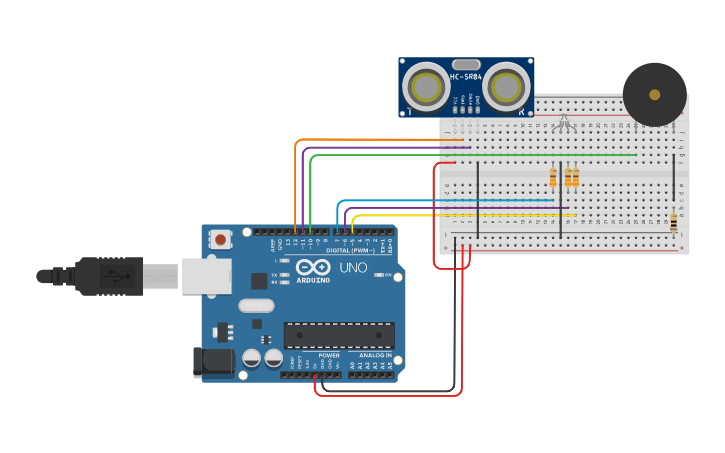 Circuit design HC-SR04 - Tinkercad