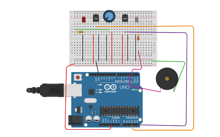 Circuit design assignment 4 temperature senser and 2 led | Tinkercad