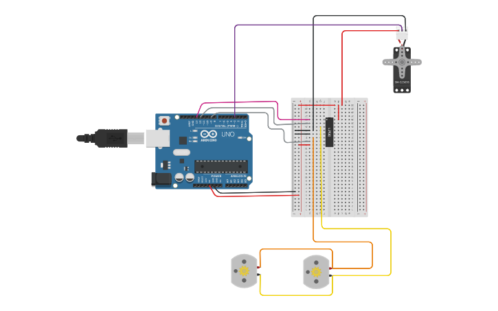 Circuit design DC-Motor cu H-Bridge + servo - Tinkercad