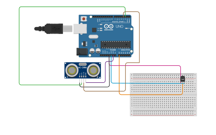 Circuit design Rizka Shakila_122120172_sensor jarak dan suhu - Tinkercad