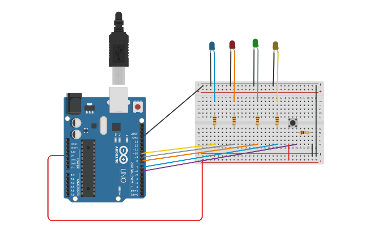 Circuit design Contador Binário 4 leds | Tinkercad Circuit design Contador Binário 4 leds | Tinkercad