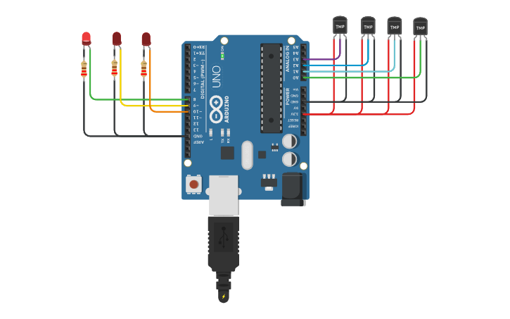 Circuit design Multiple Sensor Temperature Reading - Tinkercad