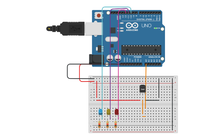 Circuit design sensor tmp36 - Tinkercad
