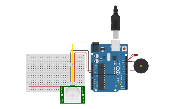 Circuit design PIR sensor alarm | Tinkercad