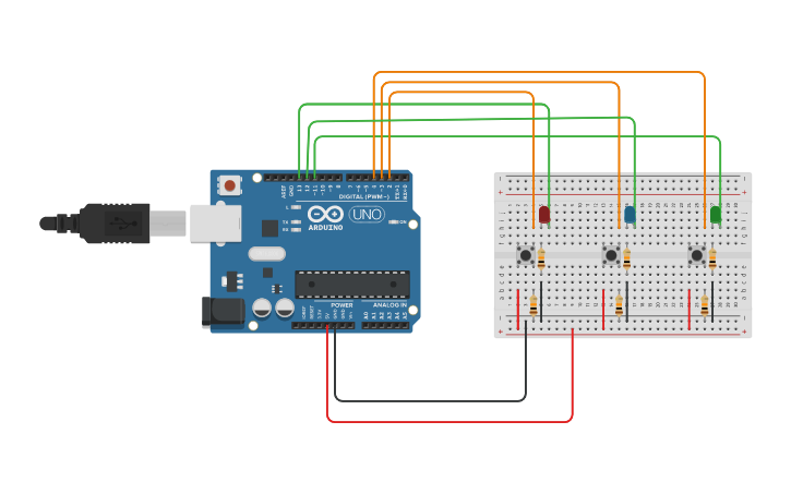 Circuit design 3 LEDS - Tinkercad