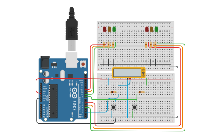 Circuit design Lab-Arduino Semaforo 2 pulsadores | Tinkercad